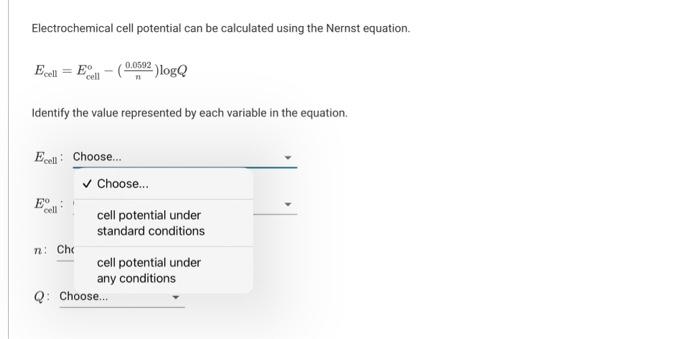 Solved Electrochemical cell potential can be calculated | Chegg.com