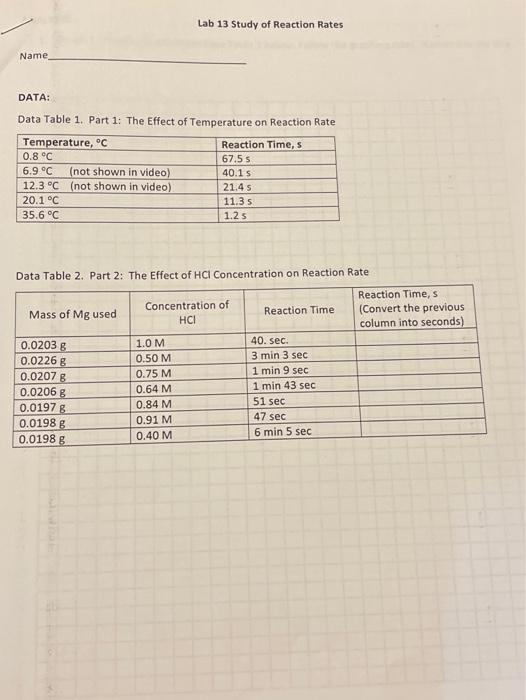 Solved Lab 13 Study of Reaction Rates Name DATA: Data Table | Chegg.com