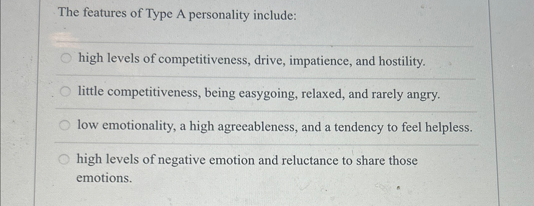Solved The features of Type A personality include:high | Chegg.com