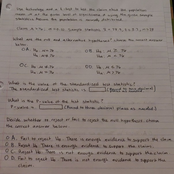 Solved Use Technology And A T Test To Test The Claim About 1553