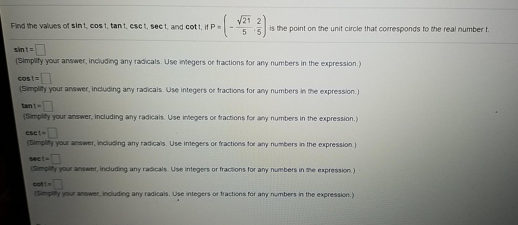 Solved Find the values of sint, cost, tant, csct, sect, and | Chegg.com | Chegg.com