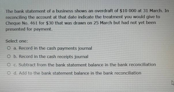 Solved The bank statement of a business shows an overdraft | Chegg.com