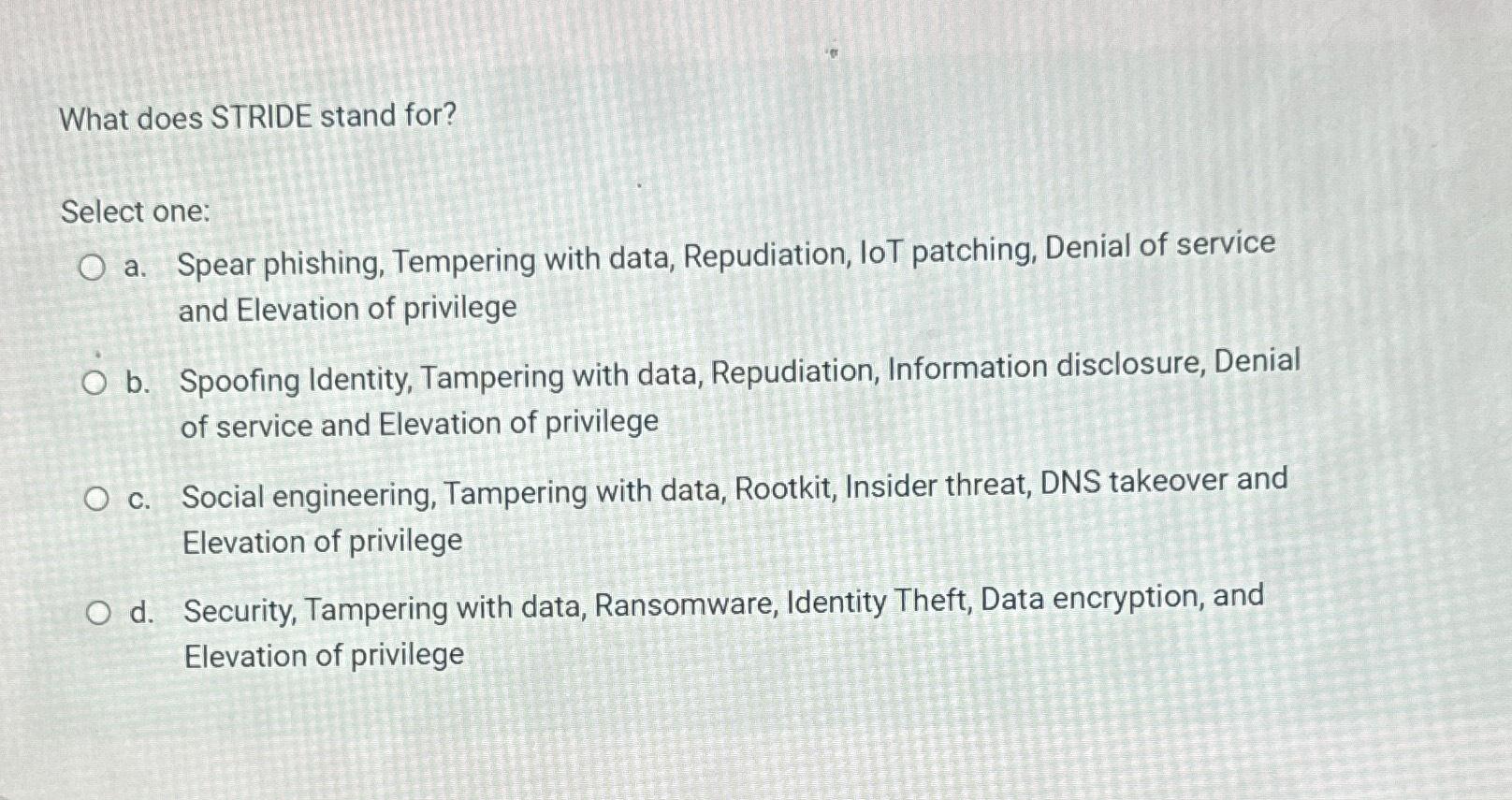 Solved What does STRIDE stand for?Select one:a. ﻿Spear | Chegg.com