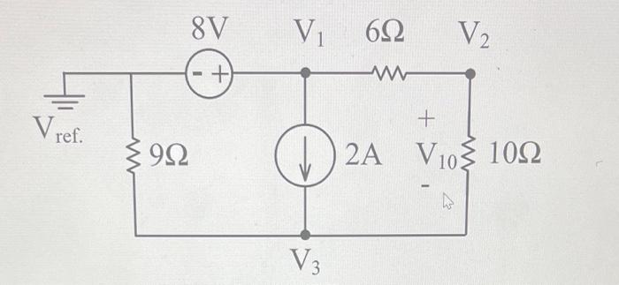 Solved Node 1 V1=8V Node 2 10V2−V3+6V2−V1=0 Node 3 | Chegg.com