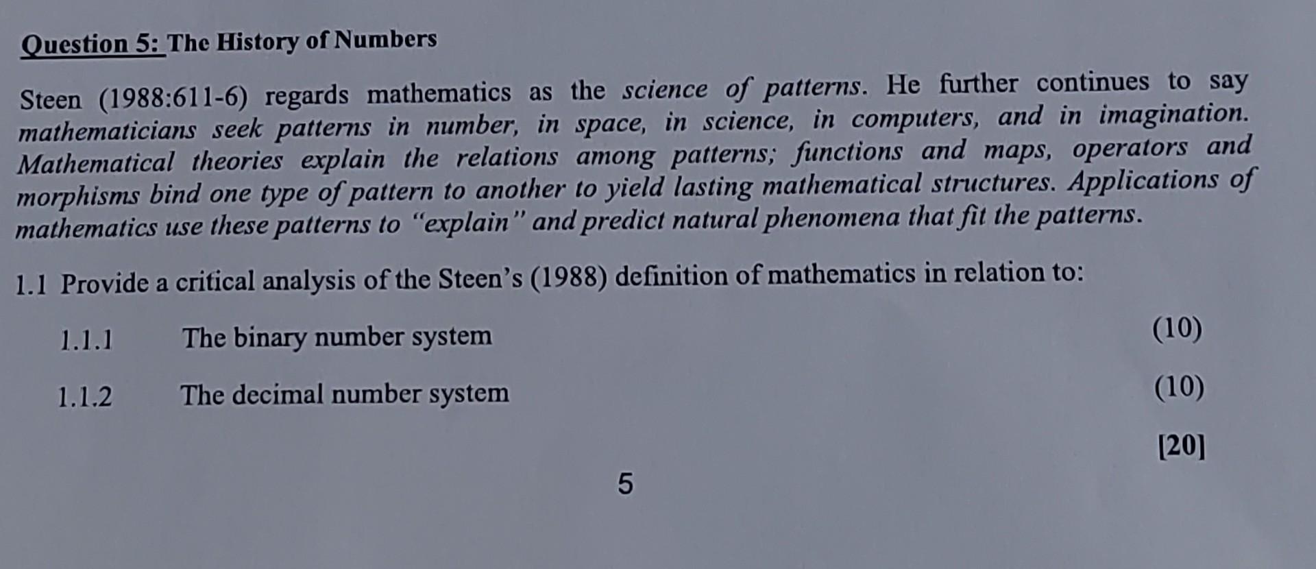 Solved Question 5: The History of Numbers Steen (1988:611-6) | Chegg.com