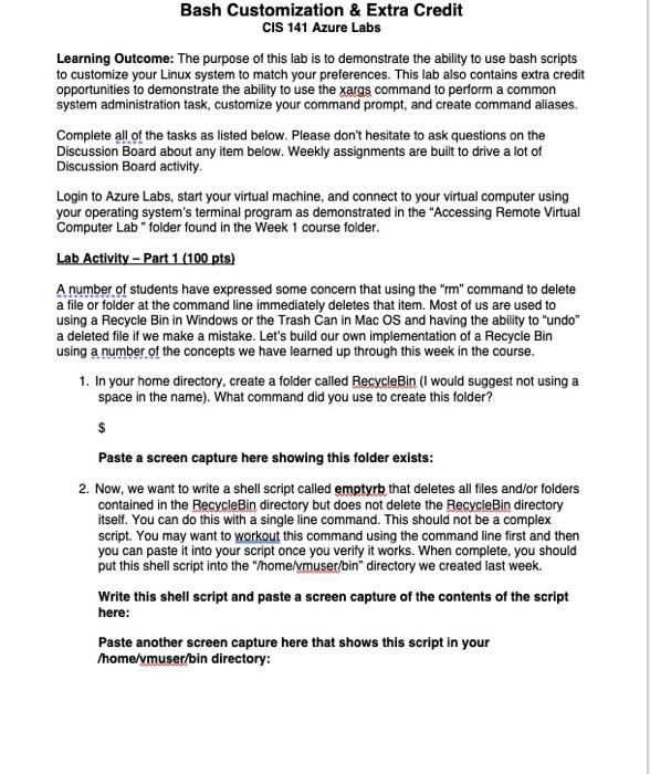 Solved Bash Customization And Extra Credit Cis 141 Azure Labs