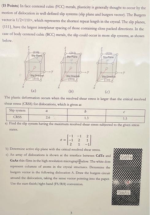 Solved (15 Points) In face centered cubic ( FCC ) metals, | Chegg.com