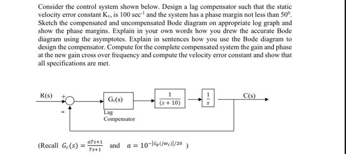 Solved Consider the control system shown below. Design a lag | Chegg.com