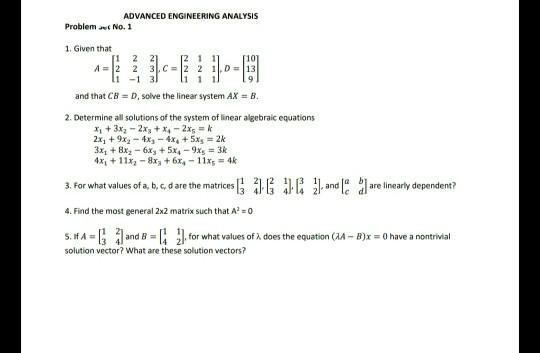 Solved ADVANCED ENGINEERING ANALYSIS Problem w No. 1 1. | Chegg.com