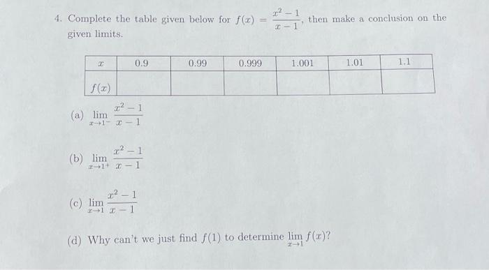 Solved 4. Complete the table given below for f(x)=x−1x2−1, | Chegg.com