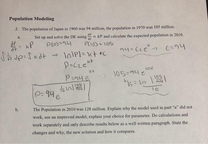 Solved Population Modeling a. dP dt 하 (=94 2. The population | Chegg.com