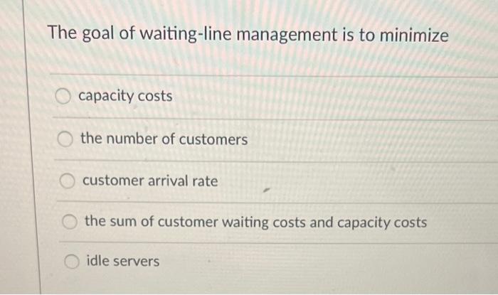 Solved The goal of waiting-line management is to minimize | Chegg.com