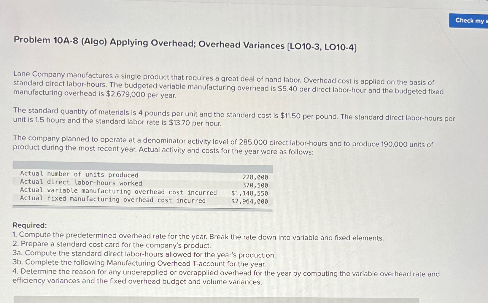 Solved Problem 10A-8 (Algo) ﻿Applying Overhead; Overhead | Chegg.com