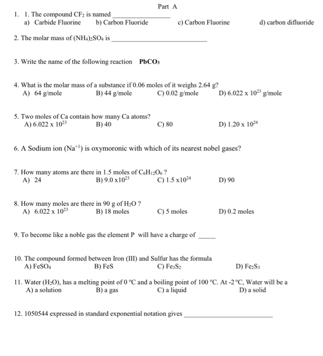 Solved Part A 1. 1. The compound CF2 is named a) Carbide | Chegg.com