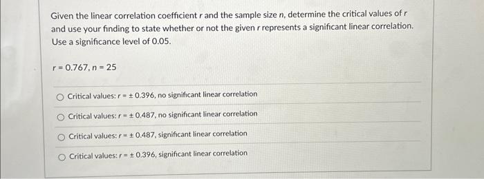 Solved Given the linear correlation coefficient r and the | Chegg.com