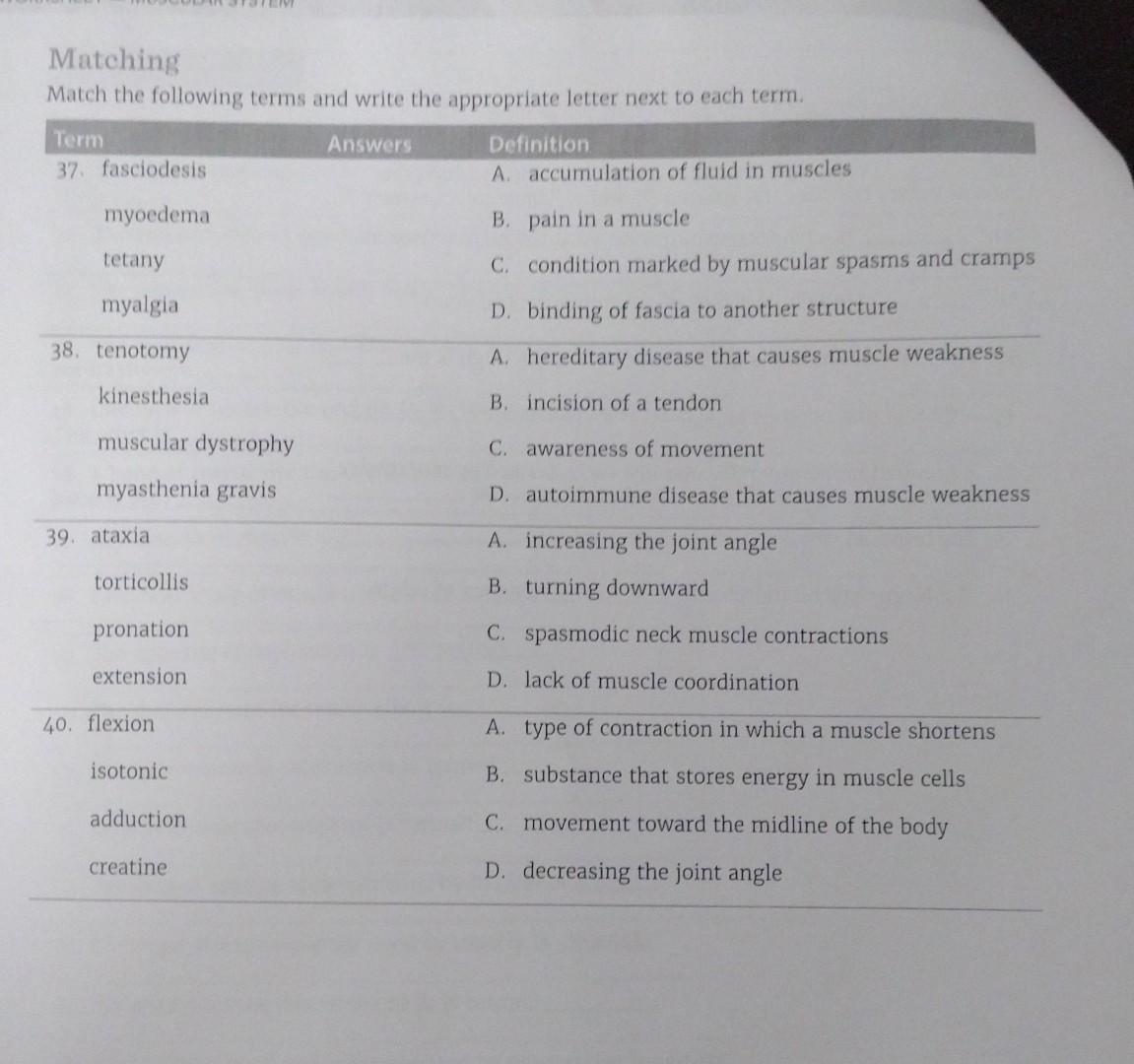Solved Matching Match the following terms and write the | Chegg.com