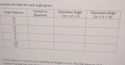 Solved amplete the table for each angle given.\table[[Angle | Chegg.com