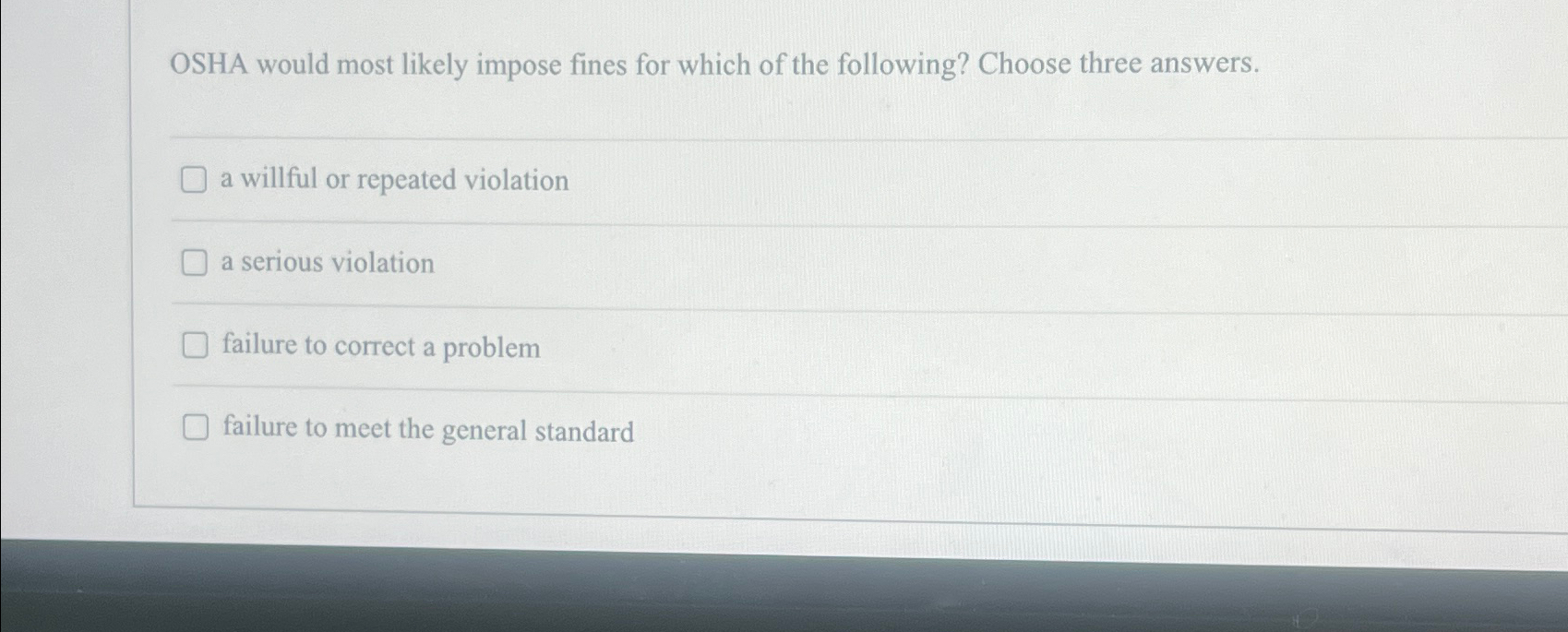 Solved OSHA would most likely impose fines for which of the | Chegg.com