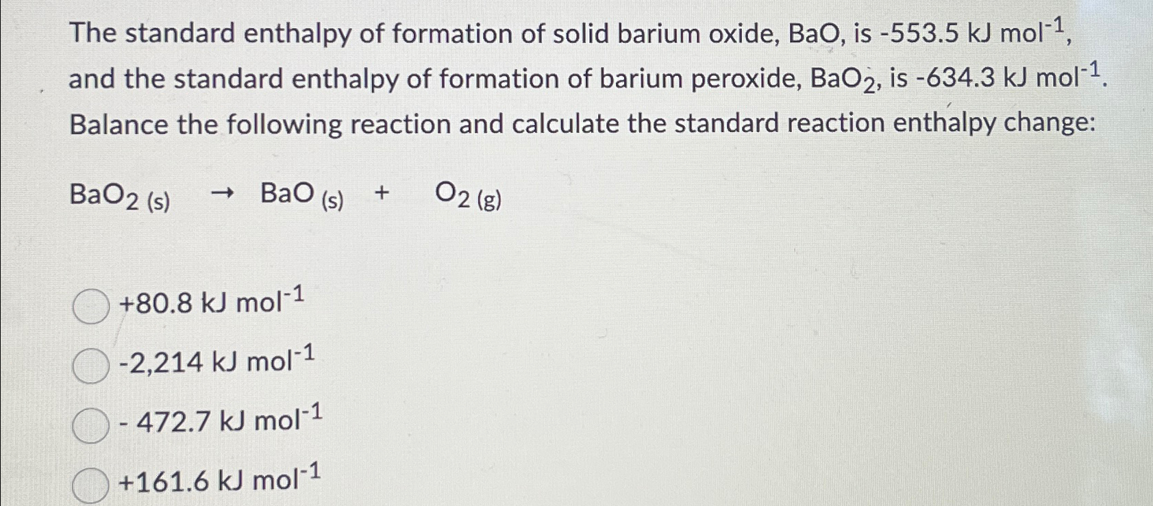Solved The standard enthalpy of formation of solid barium | Chegg.com