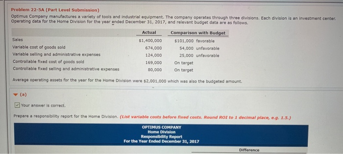 Solved Problem 22-SA (Part Level Submission) Optimus Company | Chegg.com