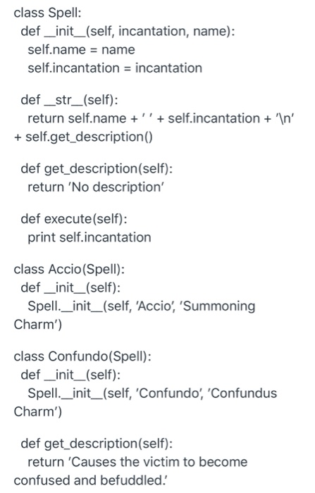 Solved class Spell: def __init__(self, incantation, name): | Chegg.com