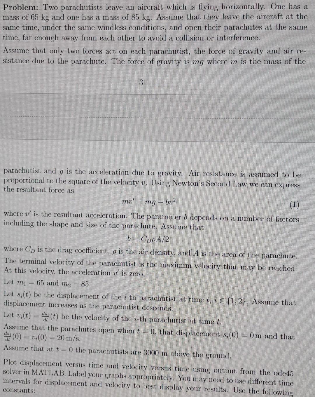 Solved Problem: Two parachutists leave an aircraft which is | Chegg.com