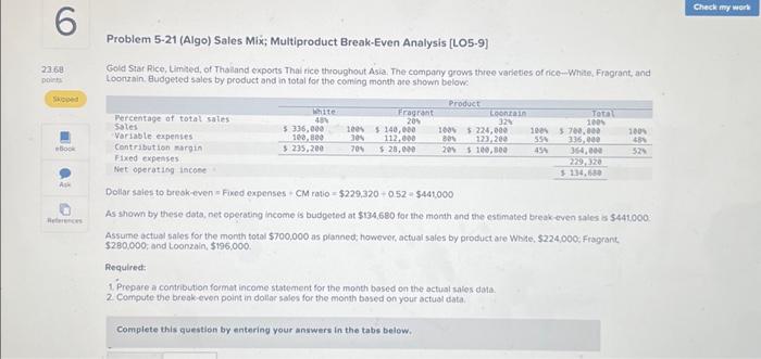 Solved Problem 5-21 (Algo) Sales Mix; Multiproduct | Chegg.com