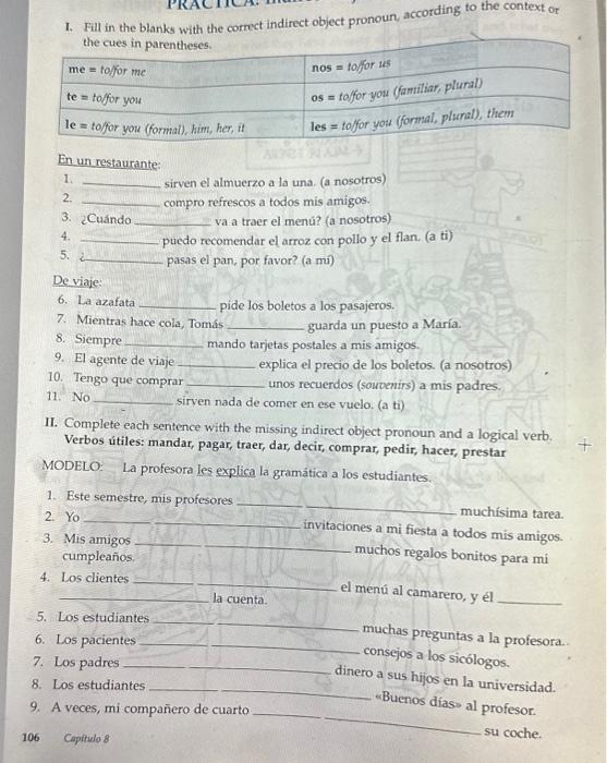 PRÁCTICA: Indirect object pronouns I. Fill in the | Chegg.com