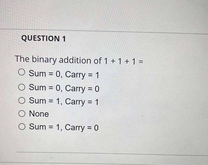 Solved The binary addition of 1+1+1= Sum =0, Carry =1 Sum | Chegg.com