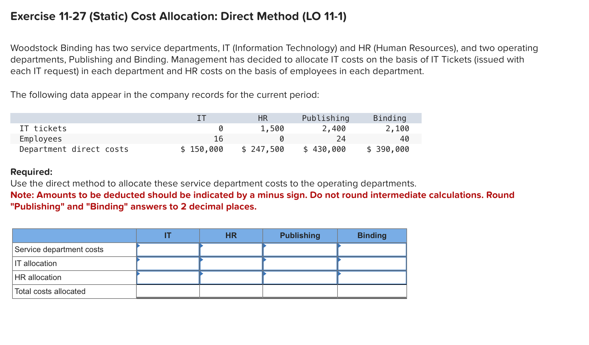 Solved Exercise 11-27 (Static) ﻿Cost Allocation: Direct | Chegg.com
