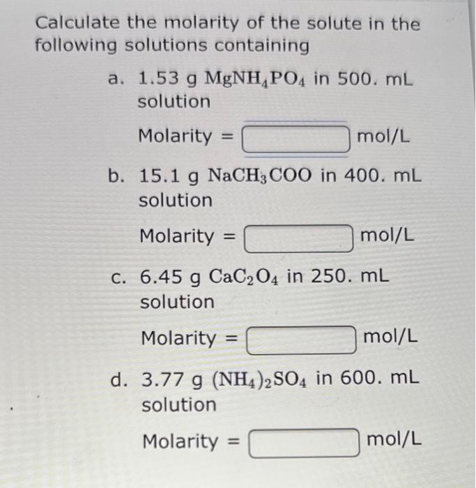 Solved late the molarity of the solute in the ving solutions | Chegg.com
