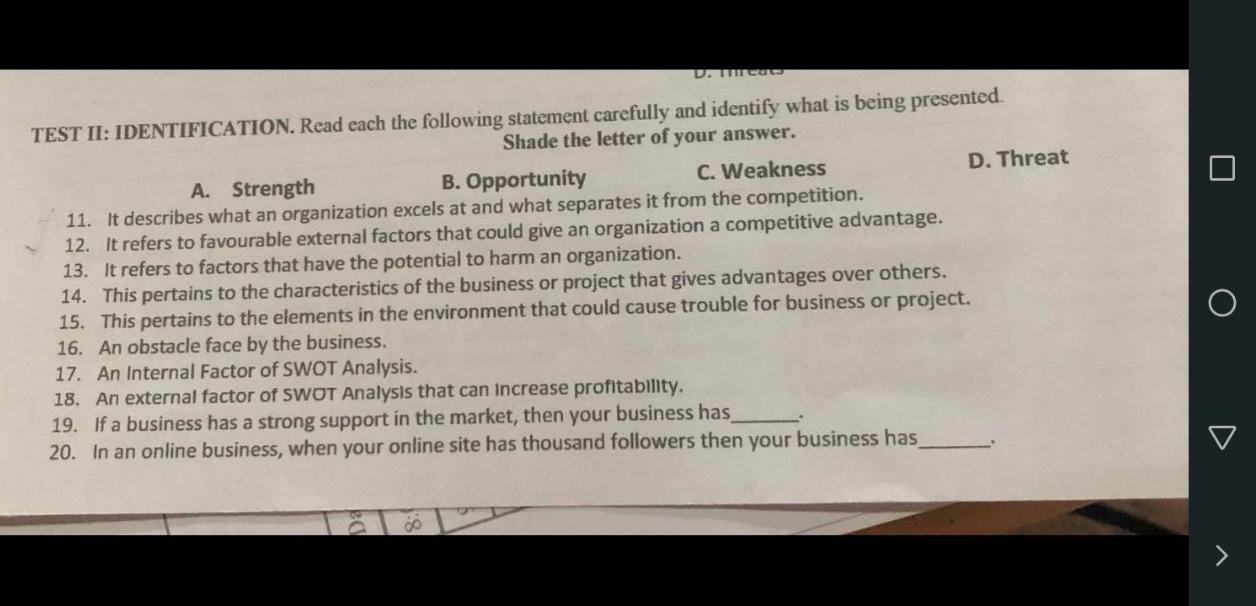 Solved סטטוס O TEST II: IDENTIFICATION. Read each the | Chegg.com