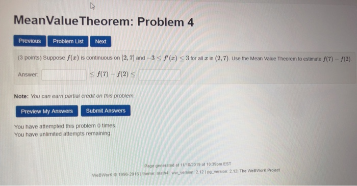 Solved Mean Value Theorem: Problem Previous Problem List | Chegg.com