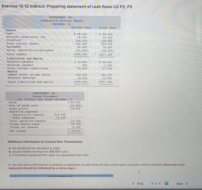 Solved Exercise 12-12 Indirect: Preparing statement of cash | Chegg.com