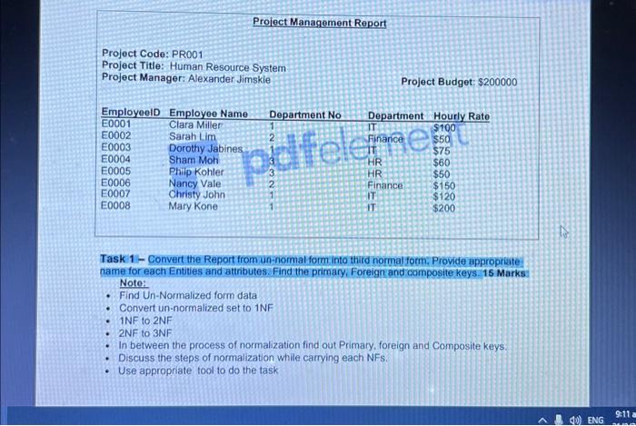 Solved Project Management Report Project Code: PR001 Project | Chegg.com