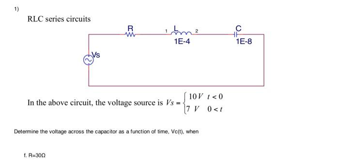 Solved 1) RLC series circuits Vs R www f. R=300 1 m² 1E-4 In | Chegg.com