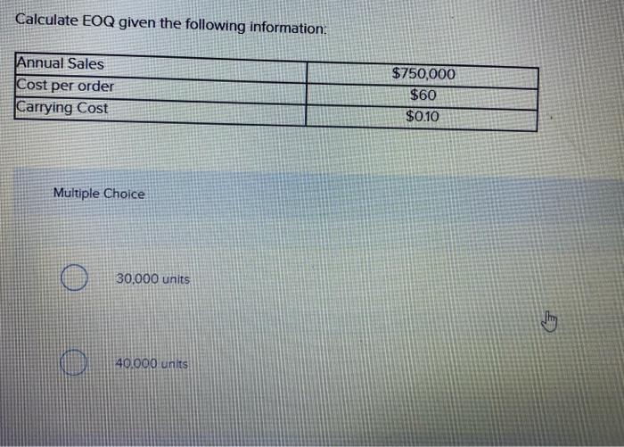 Solved Calculate EOQ given the following information: Annual | Chegg.com