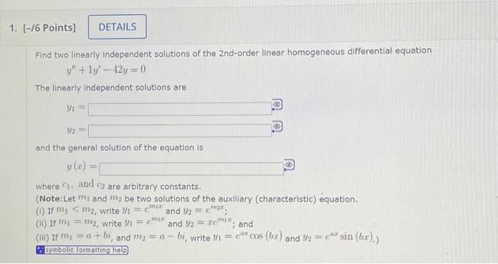 Solved -16 Points] Find two linearly independent solutions | Chegg.com