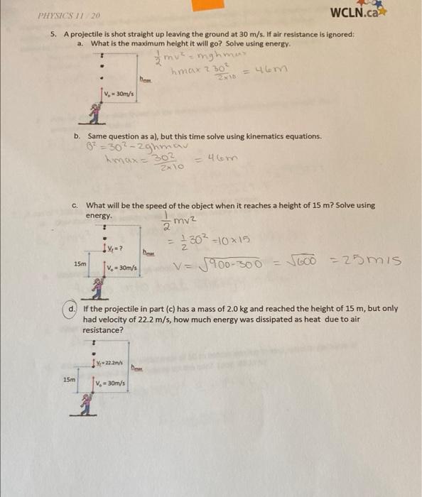 Solved PHYSICS 11/20 WCLN.ca 5. A projectile is shot | Chegg.com