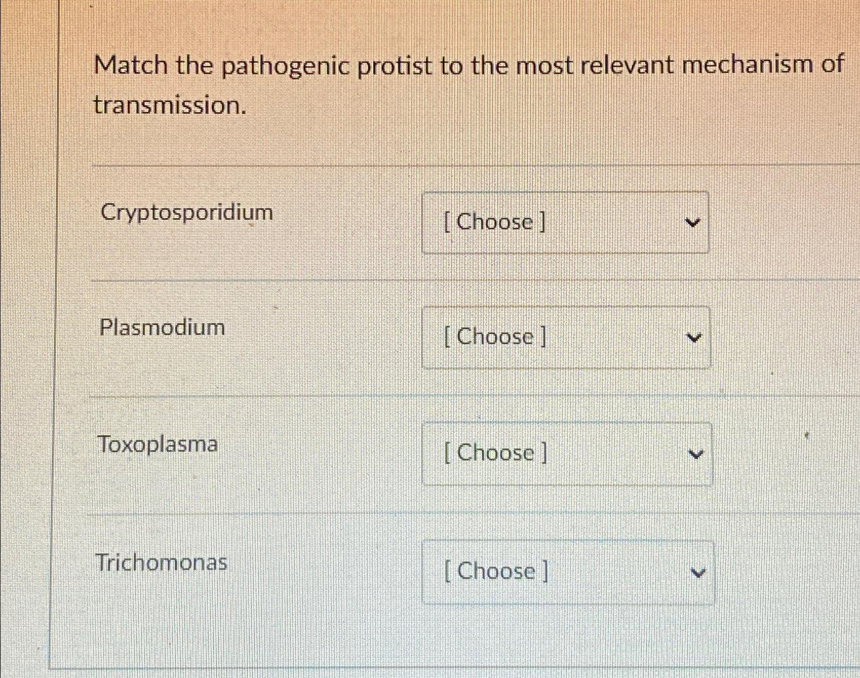 Solved Match the pathogenic protist to the most relevant | Chegg.com