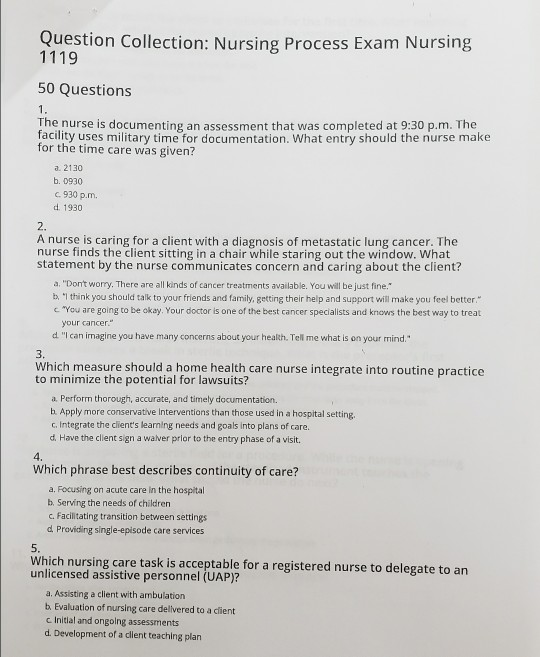 Solved Question Collection: Nursing Process Exam Nursing | Chegg.com