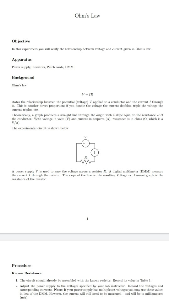 Solved Ohm’s Law V = IR, Units: V (Volts, V), | Chegg.com