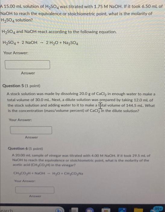 Solved A 15.00 mL solution of H2SO4 was titrated with | Chegg.com