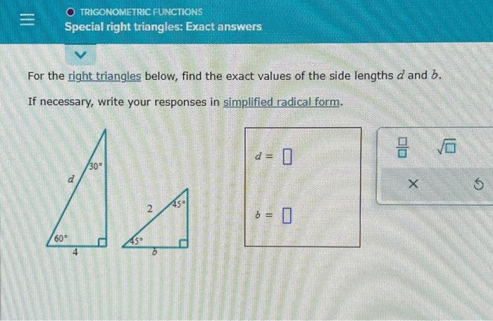 Solved For the right triangles below, find the exact values | Chegg.com