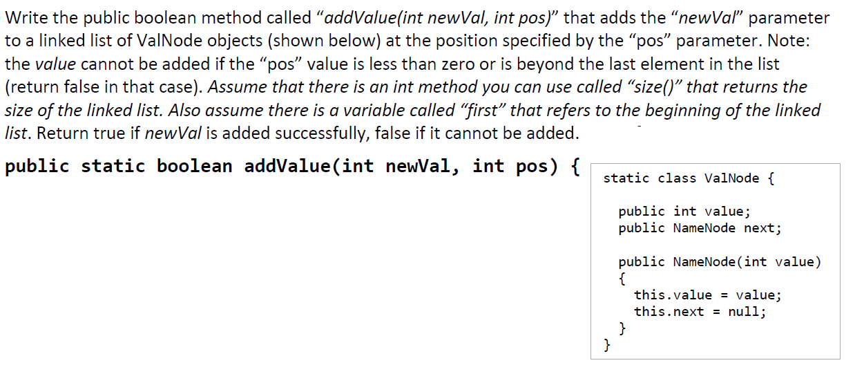 Solved public static boolean addValue(int newVal, int | Chegg.com Solved public static boolean addValue(int newVal, int | Chegg.com