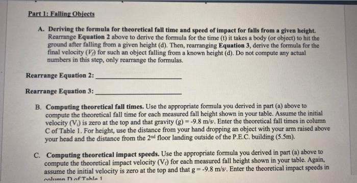 Solved Part 1: Falling Objects A. Deriving the formula for | Chegg.com