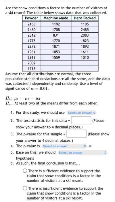 Solved Are the snow conditions a factor in the number of | Chegg.com