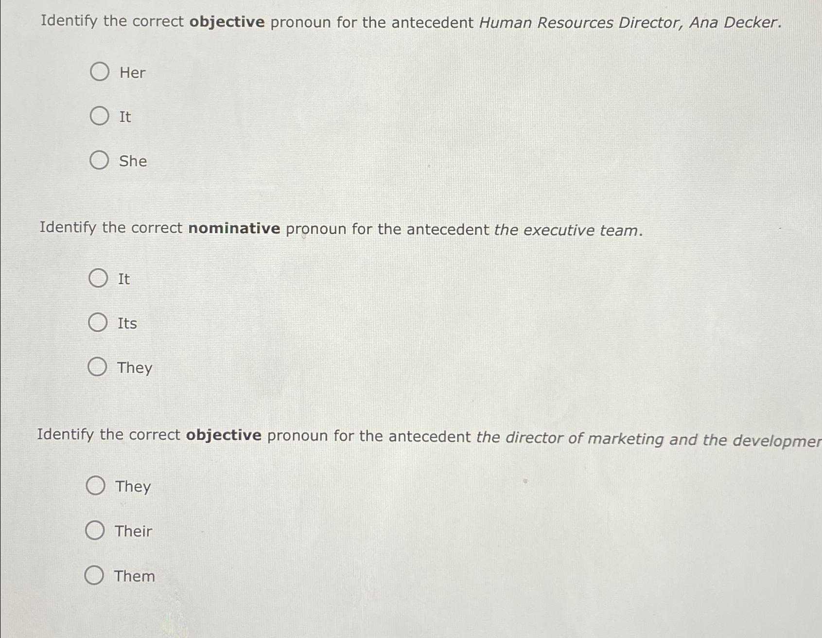 Solved Identify the correct objective pronoun for the | Chegg.com