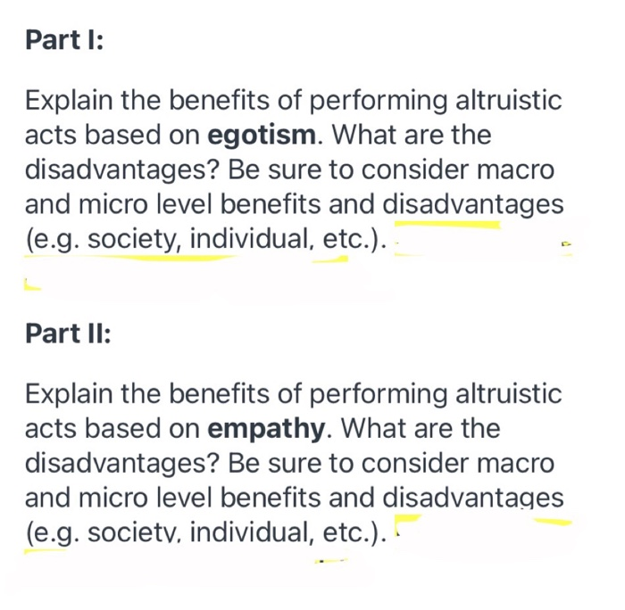 Solved Part I: Explain the benefits of performing altruistic | Chegg.com