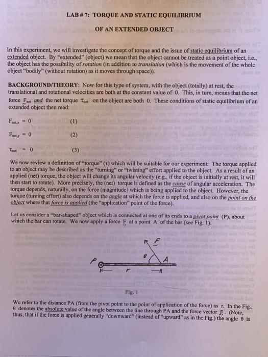 LAB # 7: TORQUE AND STATIC EQUILIBRIUM OF AN EXTENDED | Chegg.com